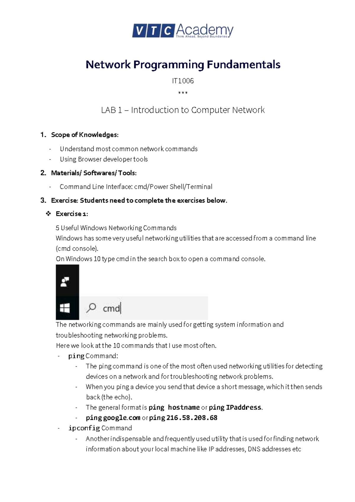 Lab01 - Network Programming Fundamentals IT *** LAB 1 – Introduction to Computer Network Scope ...