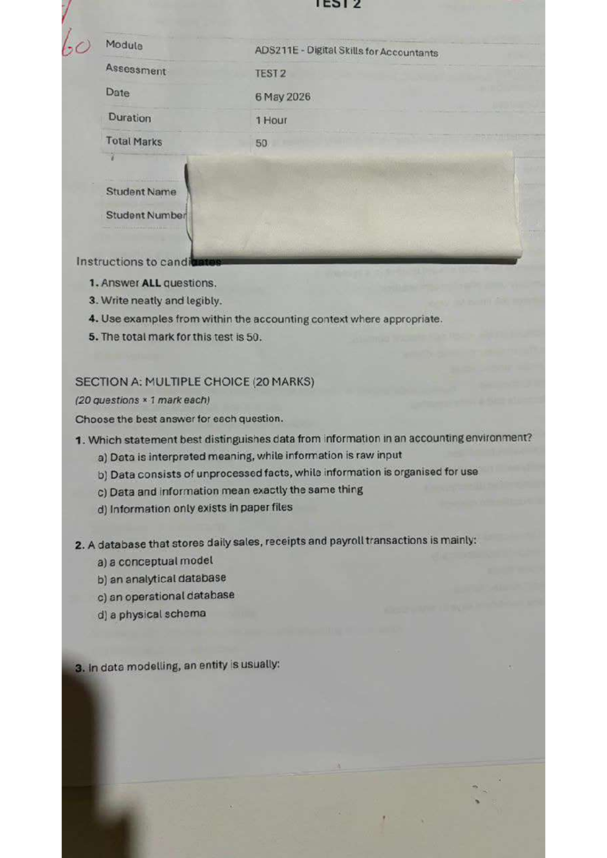 ADS211E Digital Skills for Accountants Test 2 - MCQ & Analysis - Studocu