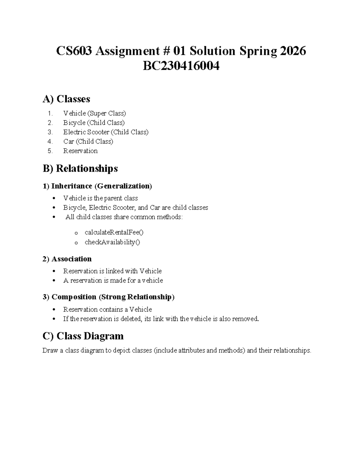 CS603 Assignment 01: Vehicle Class Hierarchy & Relationships - Studocu