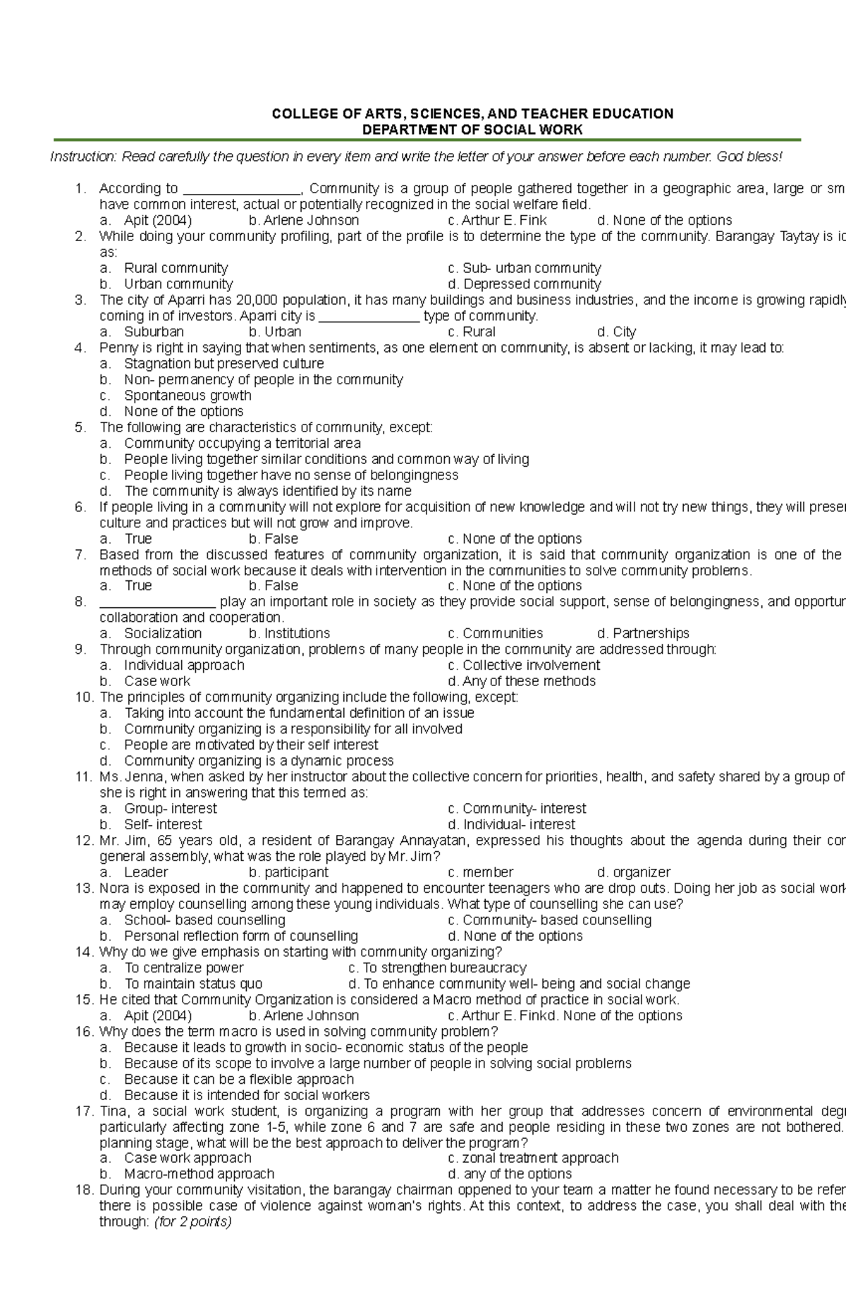 Social Work Quiz: Community Organization & Social Welfare Concepts ...