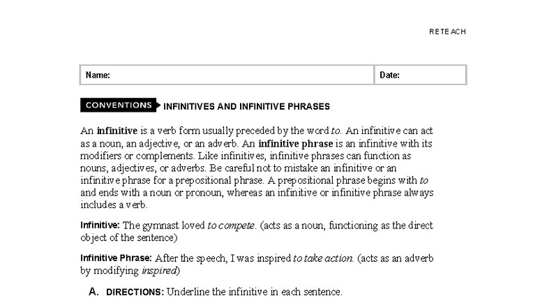 Infinitive and Infinitive Phrases Reteach Notes - Studocu