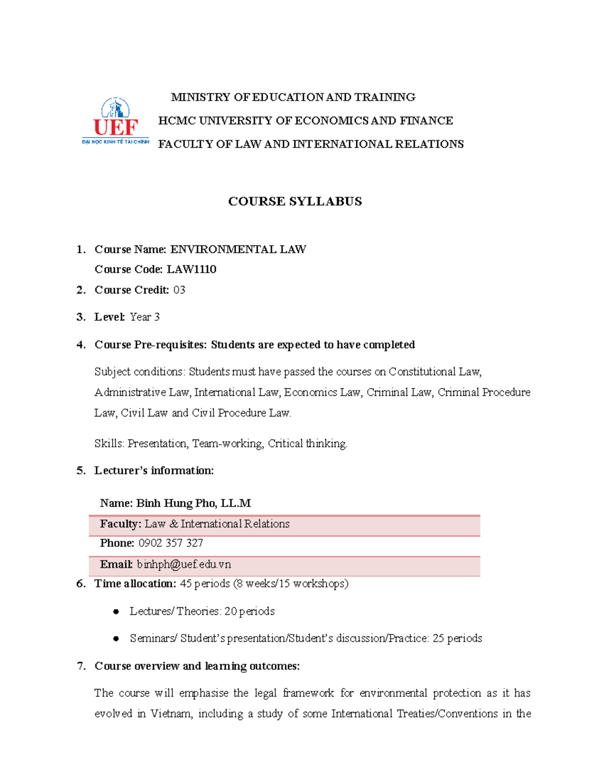 Environmental Law Course Syllabus (LAW 2018) by Binh Hung Pho - Studocu