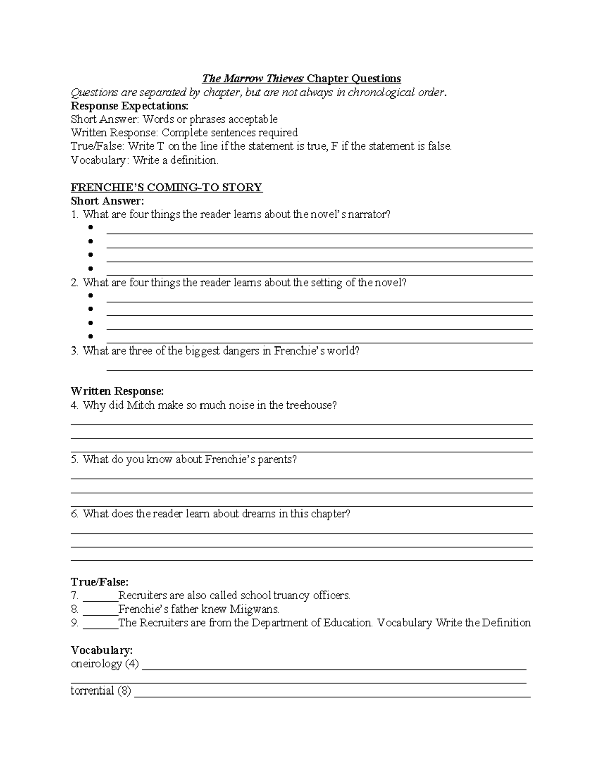 The Marrow Thieves Chapter Questions and Study Guide - Studocu