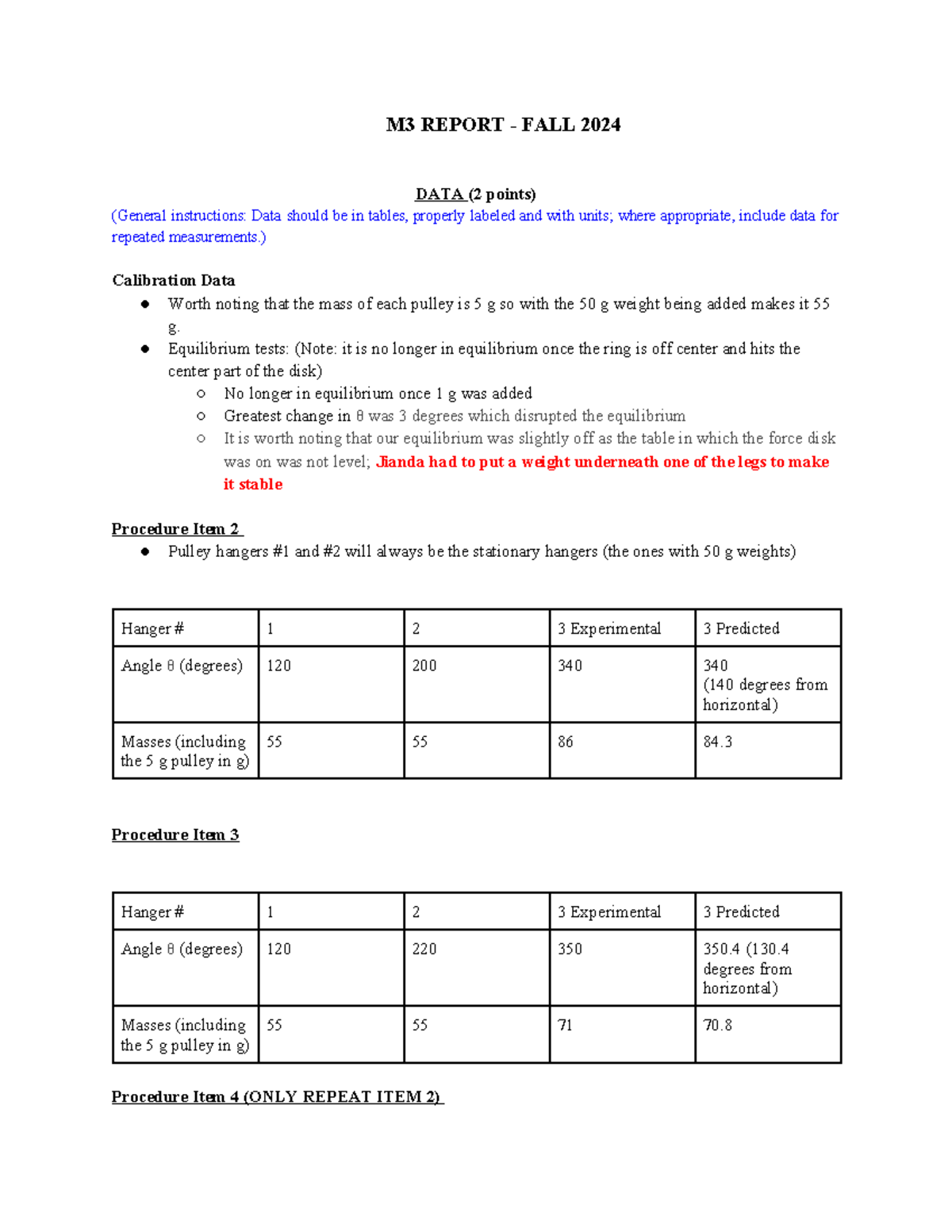 M3 Physics Lab Report - M3 REPORT - FALL 2024 DATA (2 points) (General ...