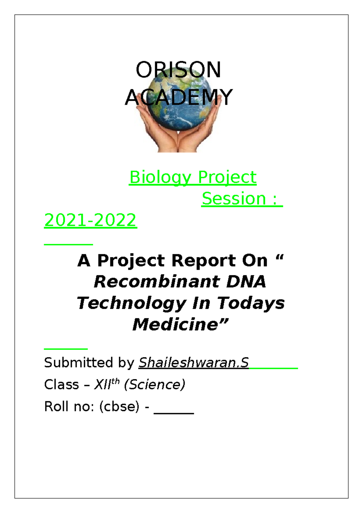 Biology Project Class XII: Recombinant DNA Technology Overview - Studocu