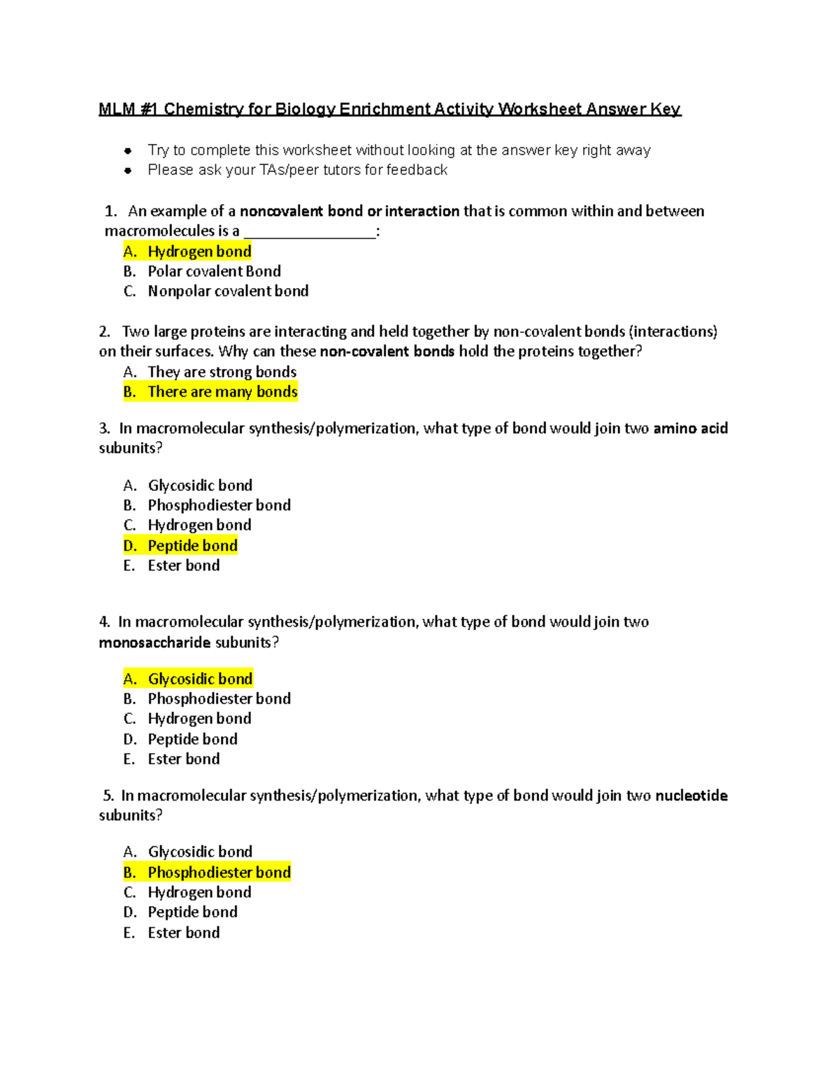 MLM1 Chemistry for Biology Enrichment Activity Answer Key - Studocu