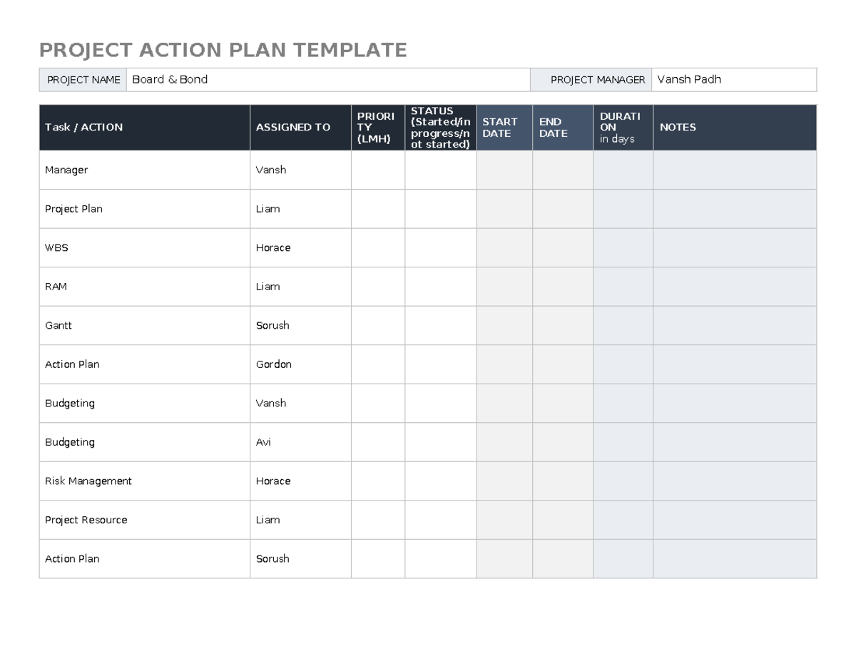 Project Action PLAN Template - PROJECT ACTION PLAN TEMPLATE PROJECT ...
