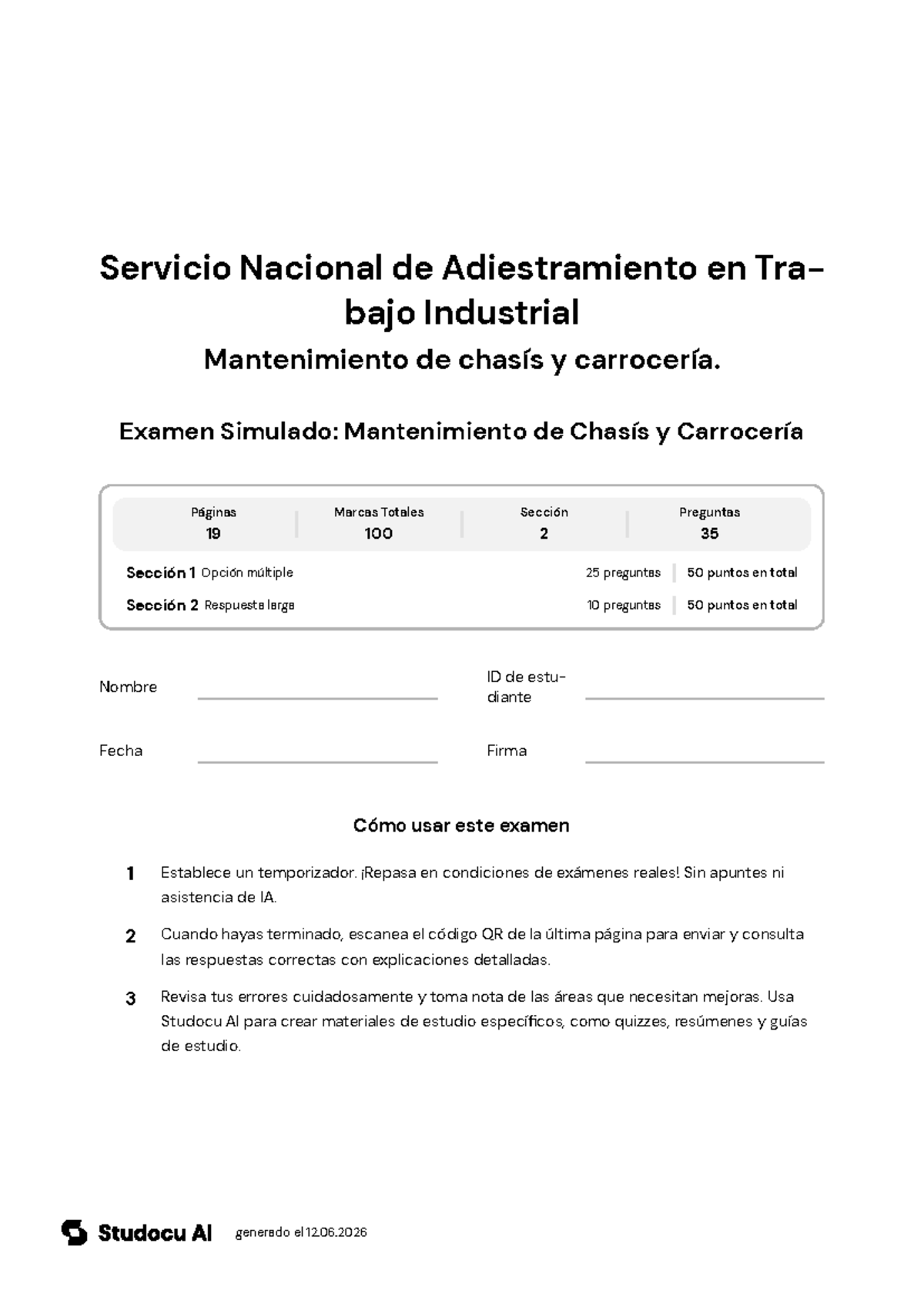 Examen Simulado: Mantenimiento de Chasís y Carrocería - Studocu