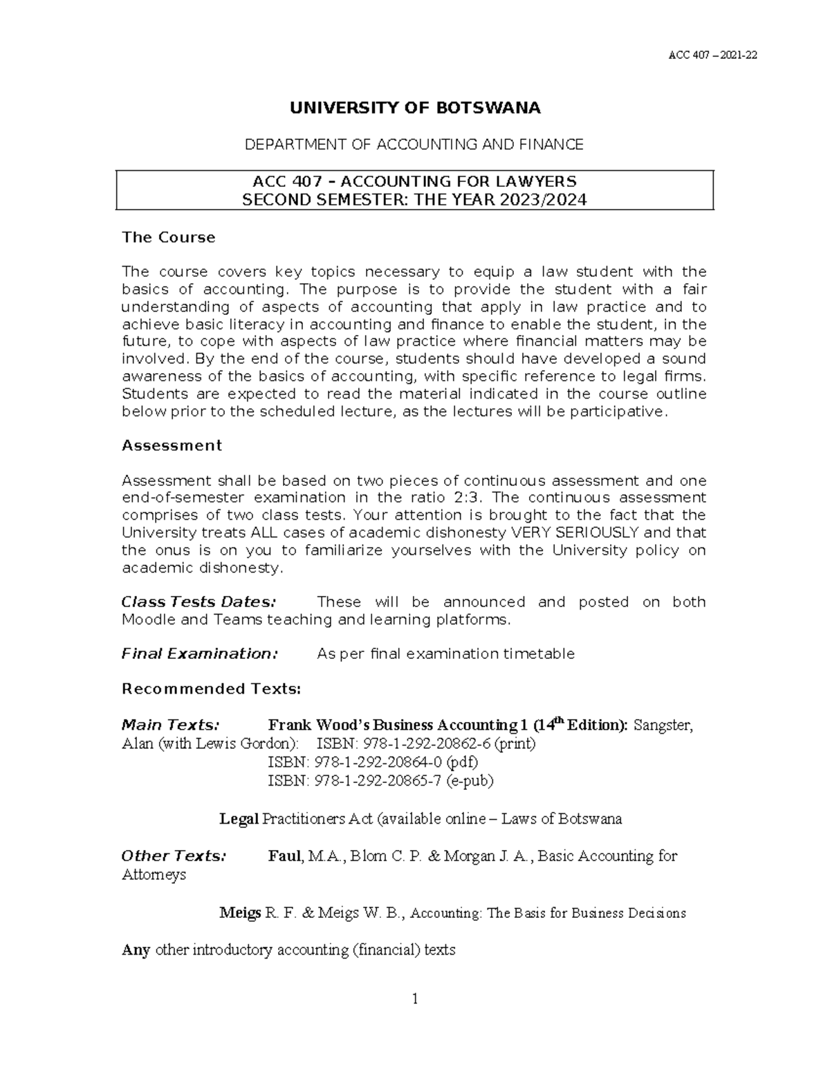 ACC 407 Course Outline: Accounting for Lawyers - 2026 - Studocu
