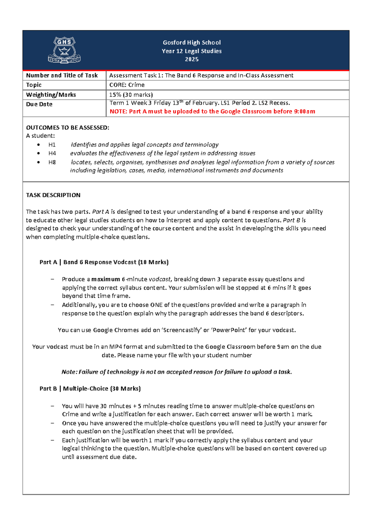 2026 Year 12 Legal Studies Task #1: Band 6 Response & Crime Analysis ...