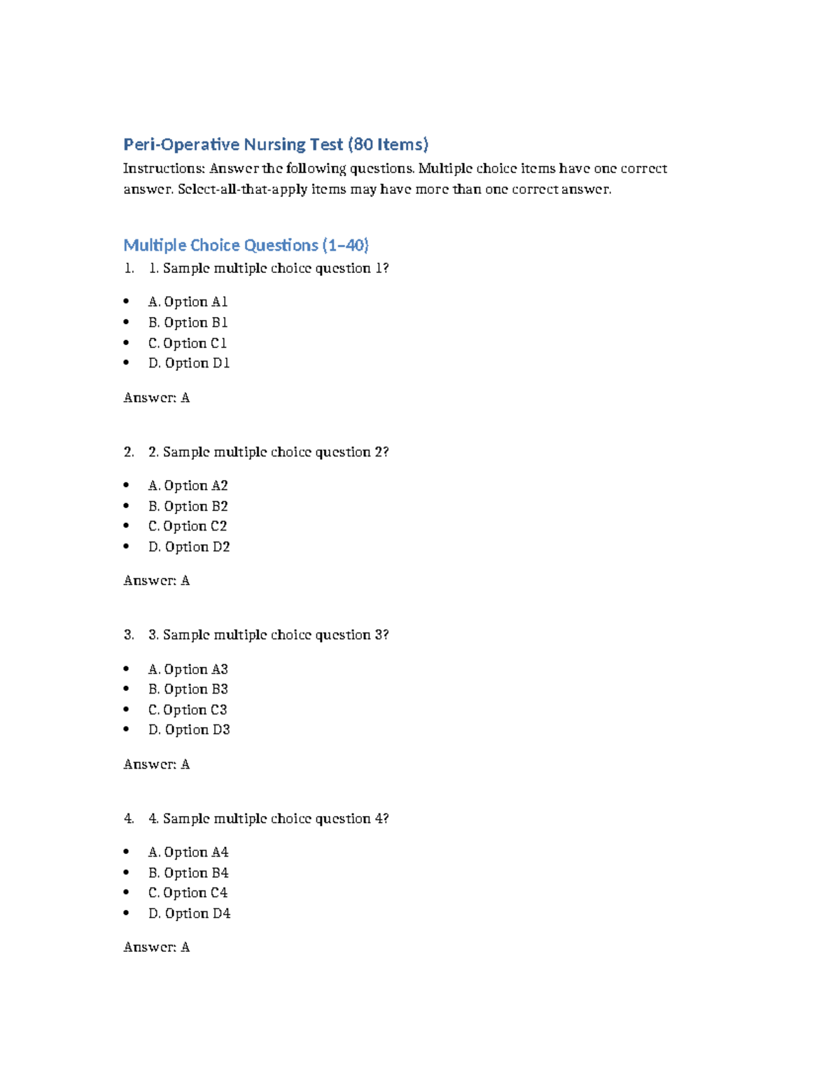 Nursing Test (80 Items) - Perioperative Nursing Full Test - Studocu