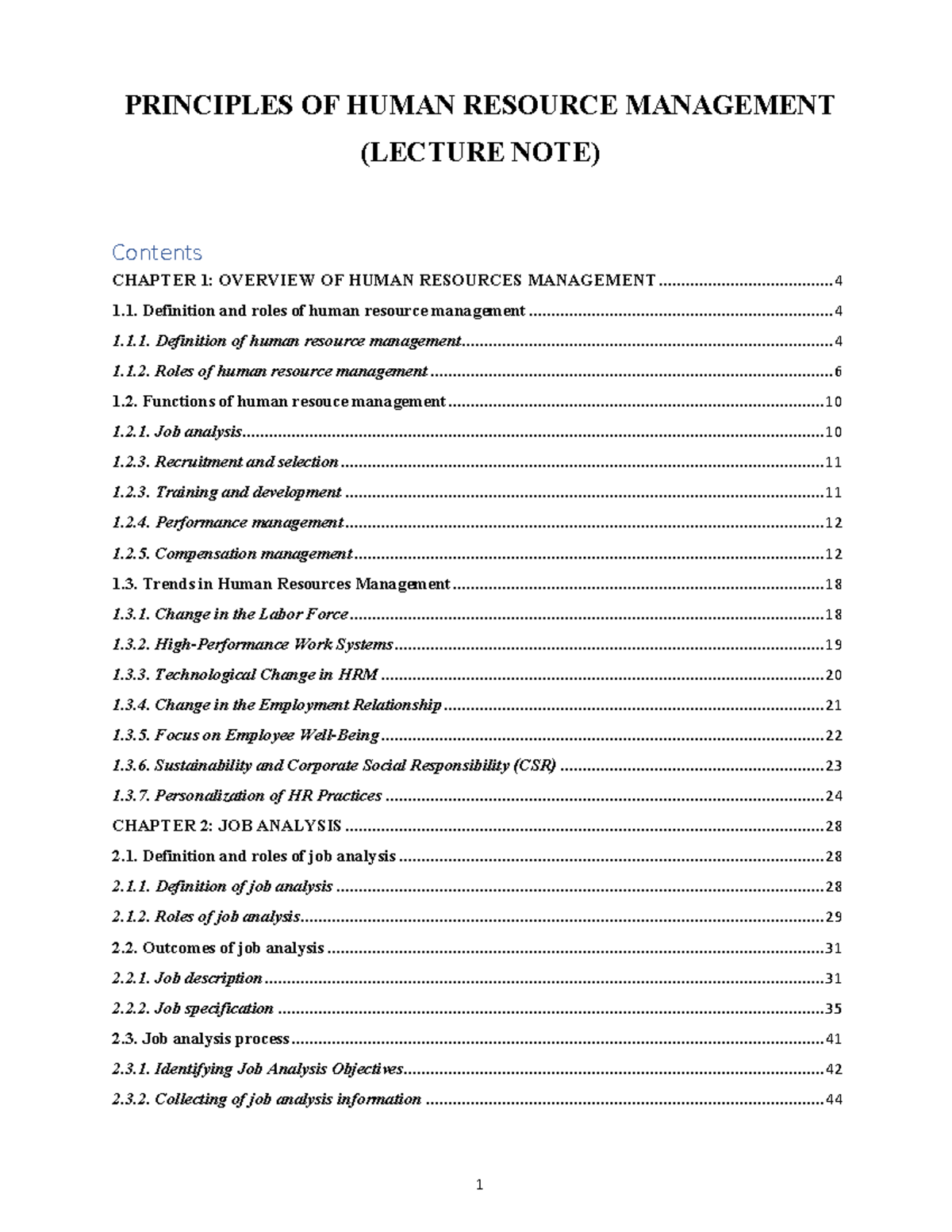 PRINCIPLES OF HUMAN RESOURCE MANAGEMENT (LECTURE NOTES) - Studocu