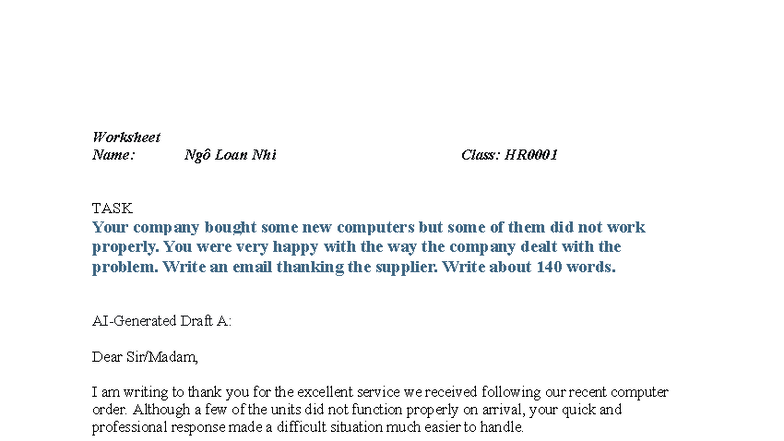 Worksheet for Writing Unit 5: Email Appreciation Drafts - Studocu