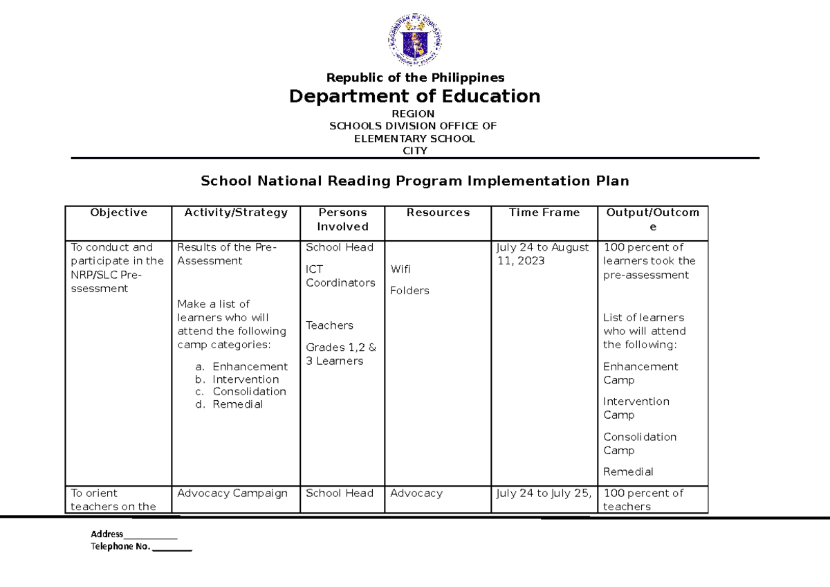 National Reading Program Implementation Plan - NRP 2023 - Studocu