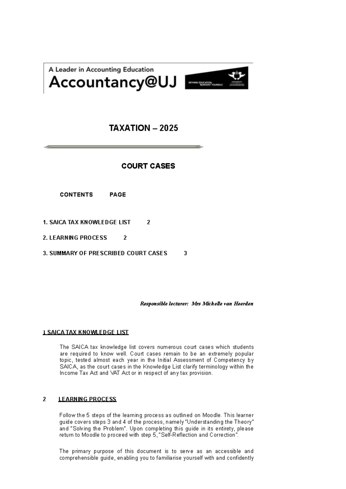 TAXATION 2025: Summary of Prescribed Court Cases and Learning Process ...