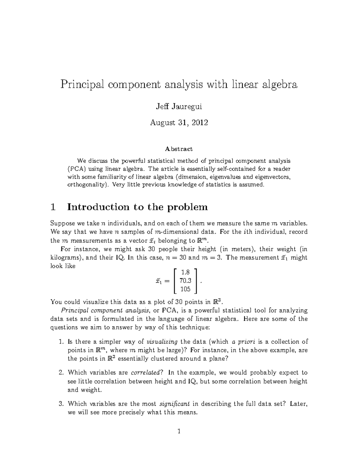 PCA - PCA - Principal component analysis with linear algebra Jeff ...