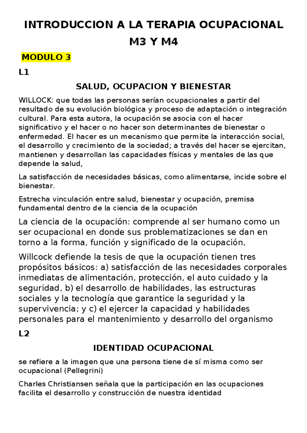 Resumen de la Introducción a la Terapia Ocupacional M3 y M4: Salud y ...