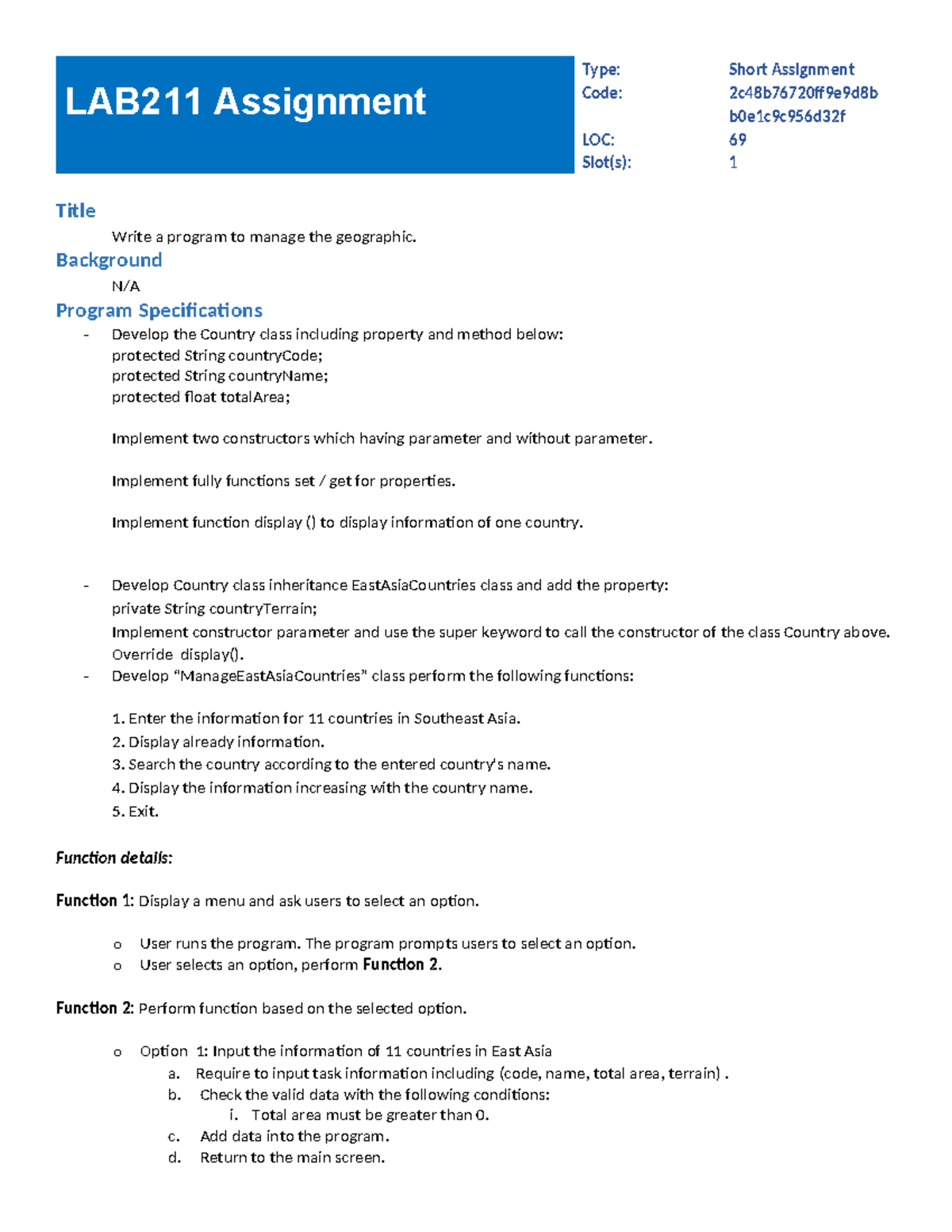 J1 - LAB211 - LAB211 Assignment Type: Short Assignment Code ...
