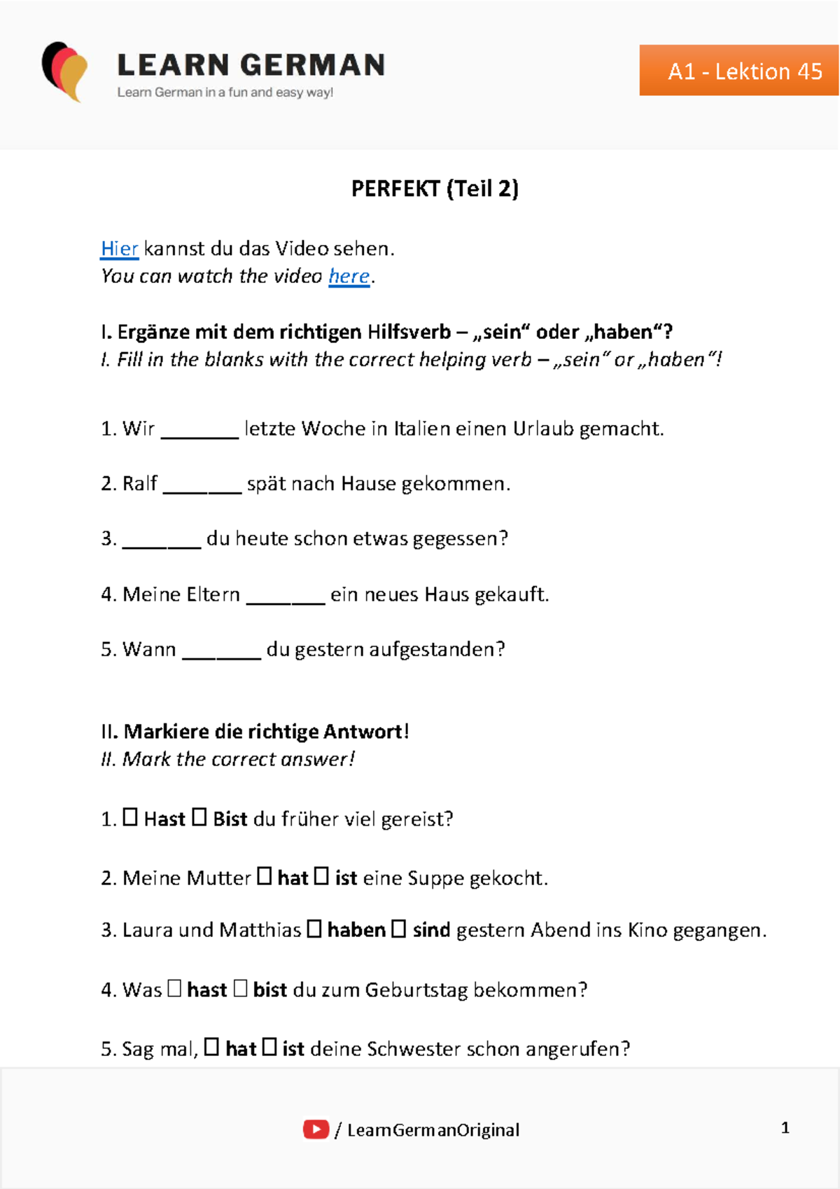 Learn German A1 - Perfekt (Lektion 45, Teil 2) - Studocu