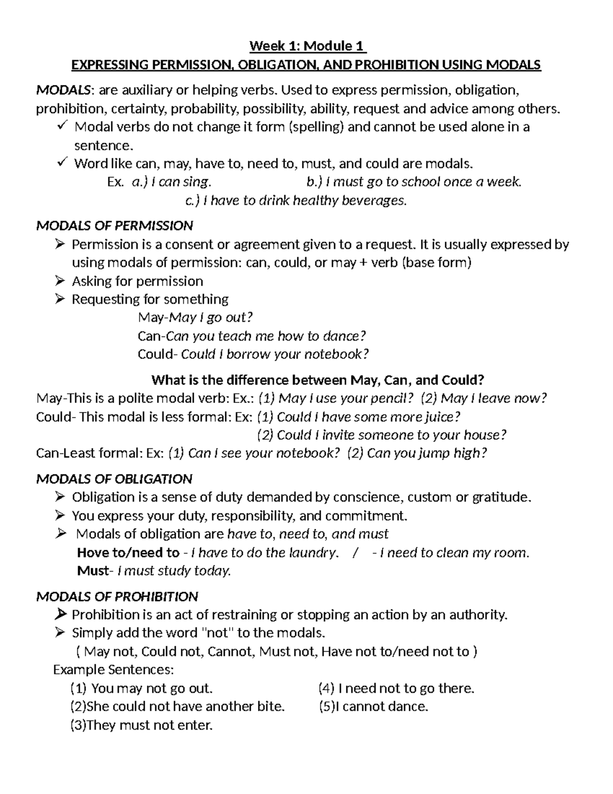 Q1-W1- Modals-VA - Week 1: Module 1 EXPRESSING PERMISSION, OBLIGATION ...