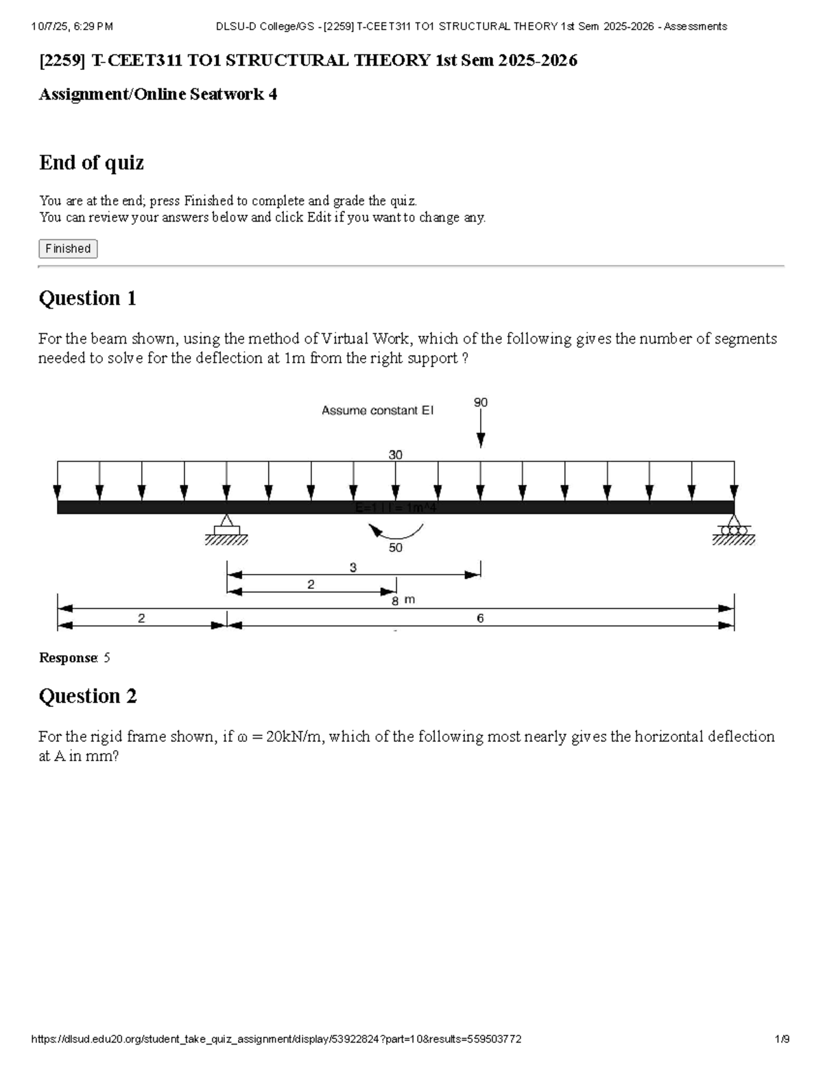 TO1 STRUCTURAL THEORY 1st Sem Quiz: Virtual Work Deflection Problems - Studocu