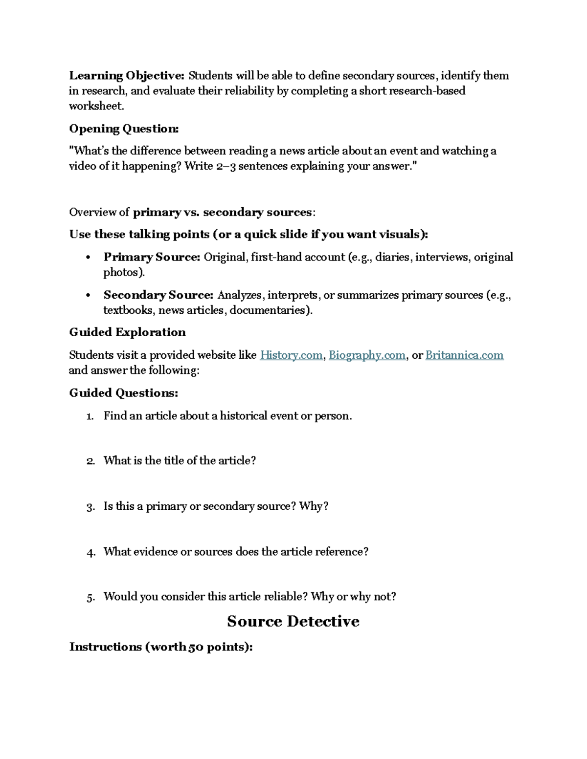 POB Secondary Sources Lesson: Understanding and Evaluating Reliability ...