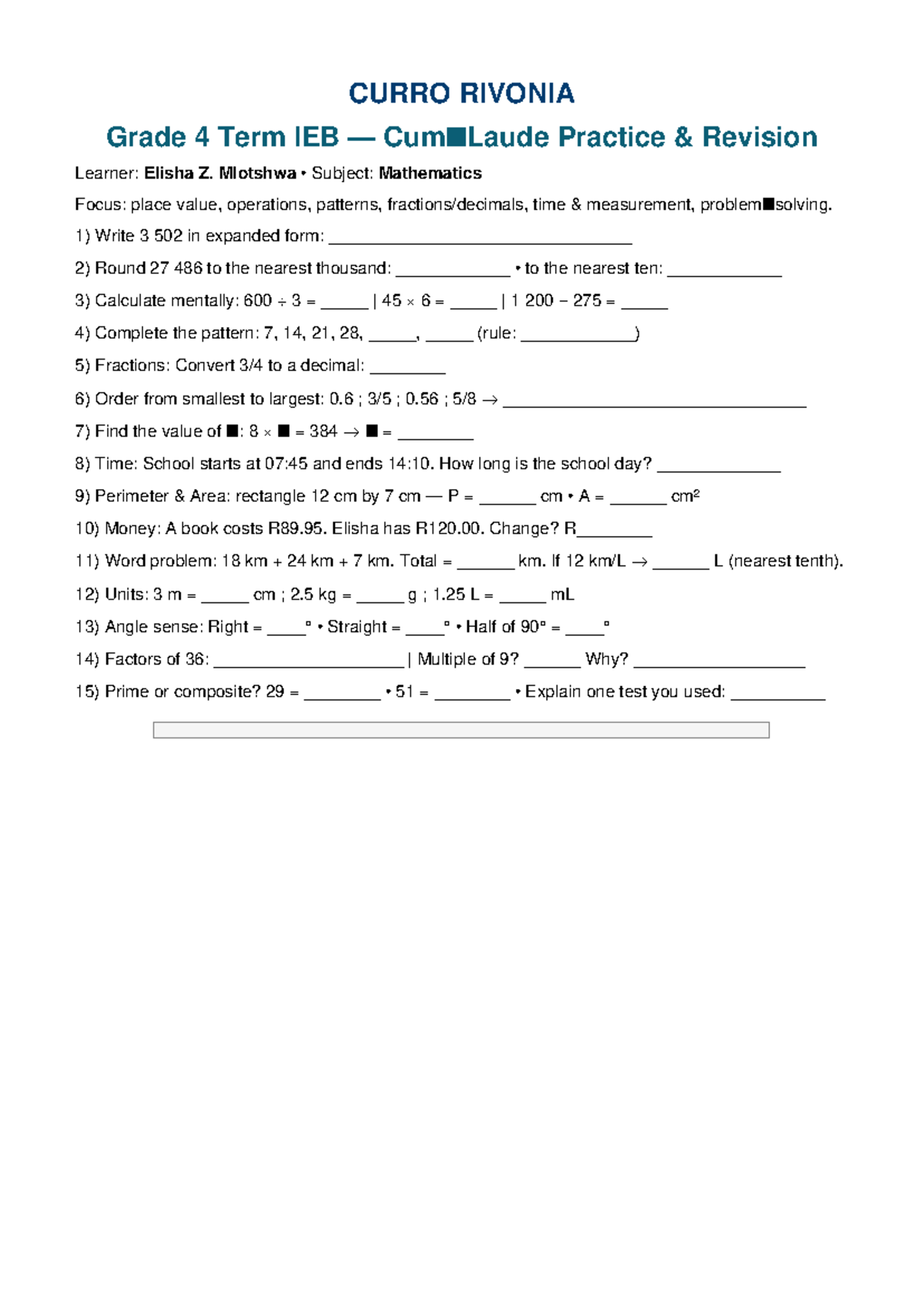 IEB Grade 4 Mathematics Term 1 Practice Revision - Elisha Mlotshwa ...