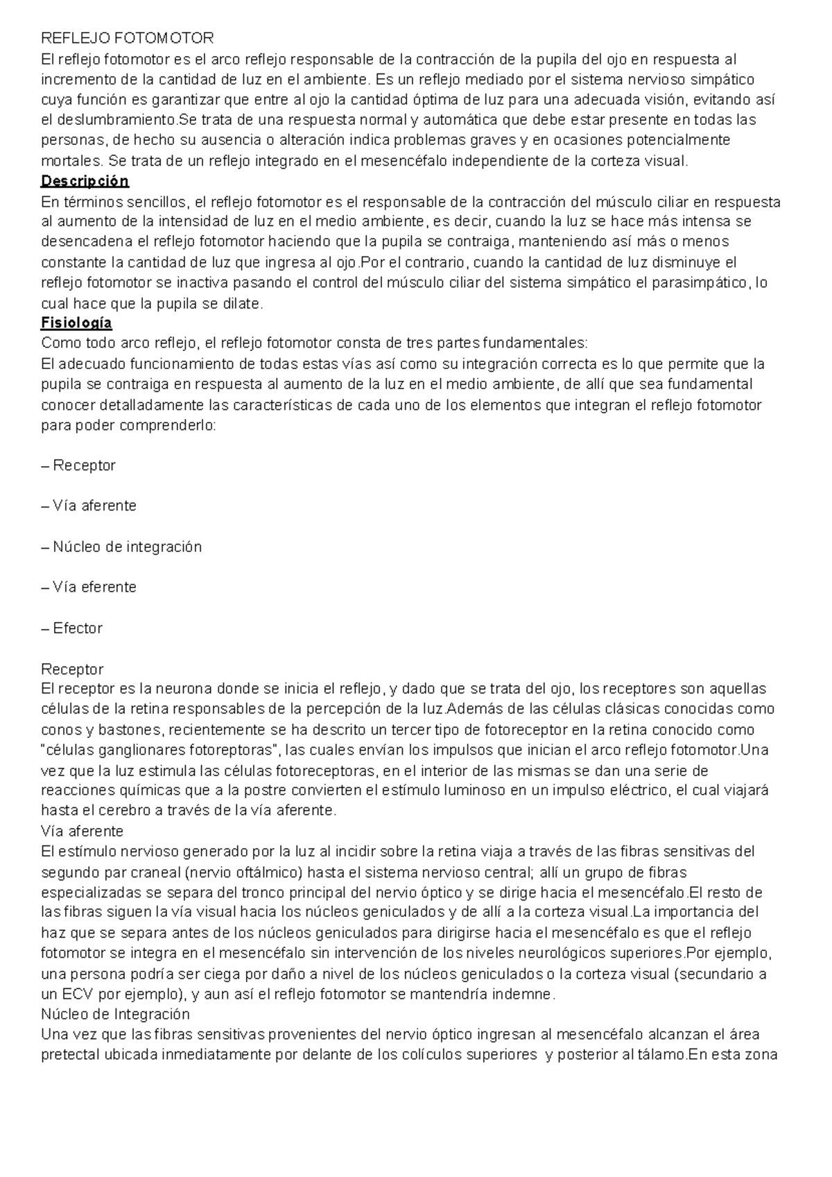 Reflejo Fotomotor - REFLEJO FOTOMOTOR El reflejo fotomotor es el arco ...