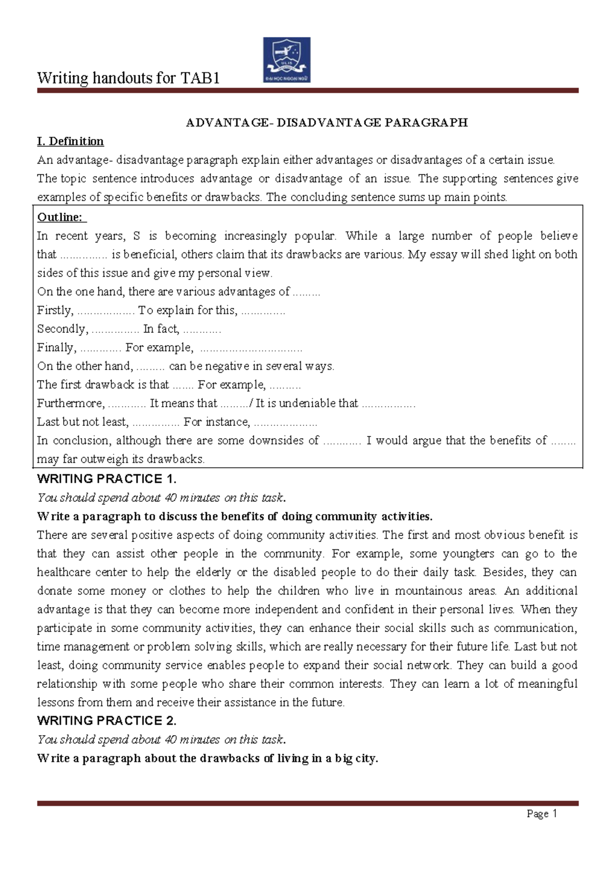 T04-Writing-Advantage Disadvantage Paragraph - ADVANTAGE- DISADVANTAGE ...