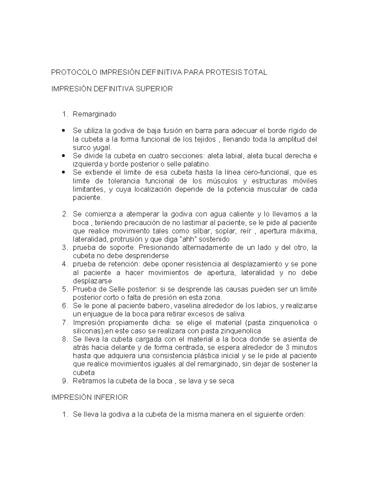 PROTOCOLO IMPRESIÓN DEFINITIVA PROTESIS TOTAL - TÉCNICAS Y PASOS - Studocu