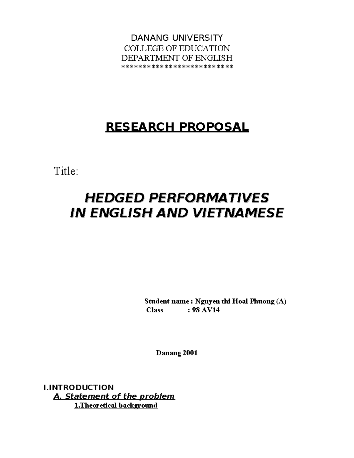 Research Proposal: Hedged Performatives in English and Vietnamese (98 ...