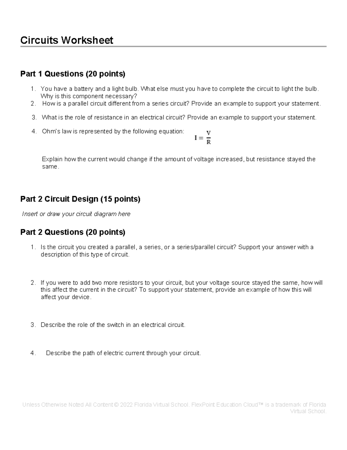 2.05 - Circuits Worksheet: Questions & Design Activities - Studocu