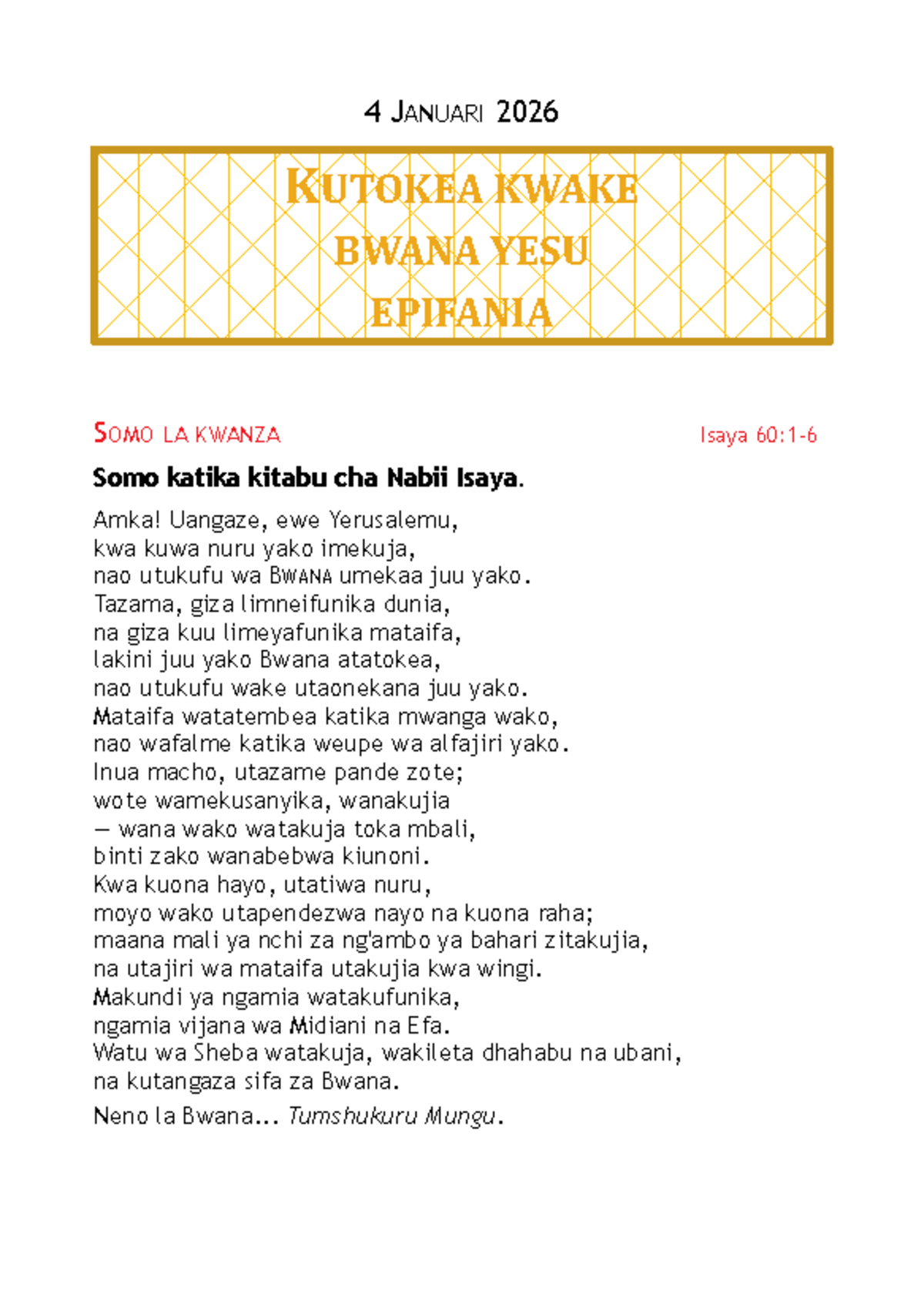 Epifania 2026: Somo la Kwanza kutoka Isaya na Mathayo - Studocu