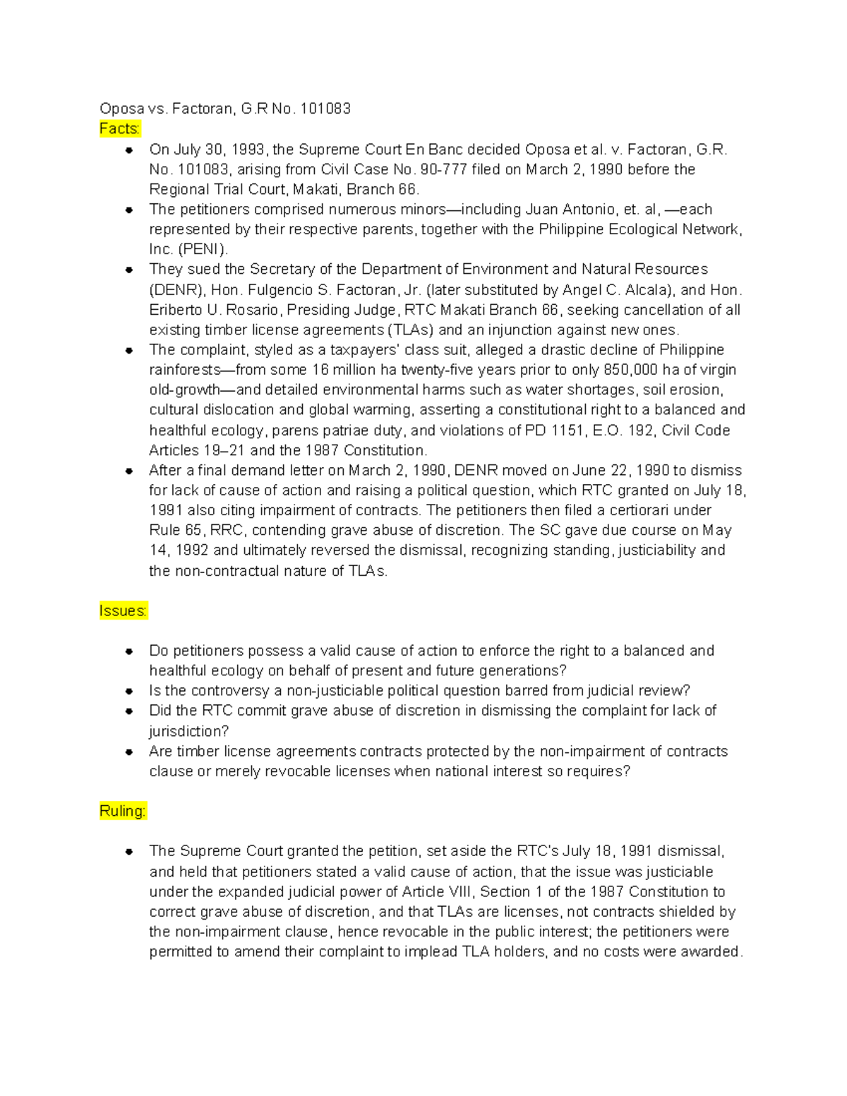 Oposa vs. Factoran, G.R. No. 101083: Supreme Court Ruling Summary - Studocu