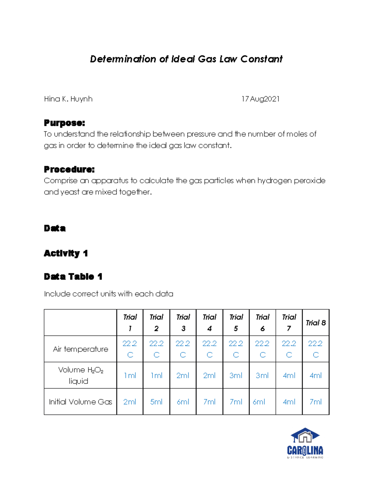 M7 Lab: Determining the Ideal Gas Law Constant with H2O2 - Studocu