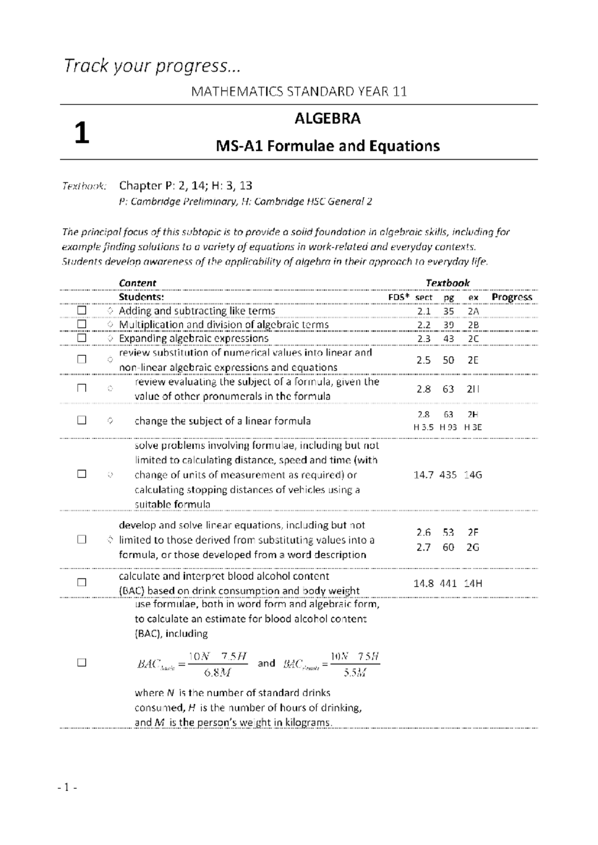 Algebra Progress Notes: Formula & Equations for Course MATH101 - Studocu