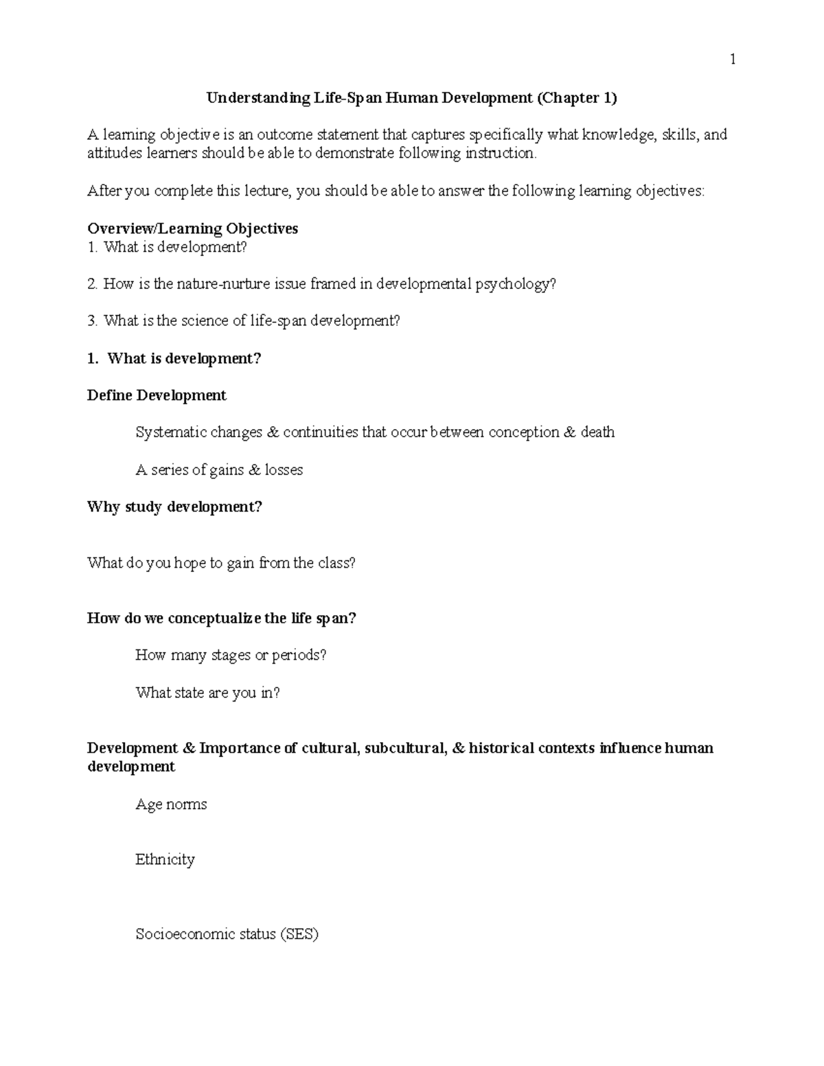 Understanding Life-Span Human Development (PSY 101) - Chapter 1 Notes ...