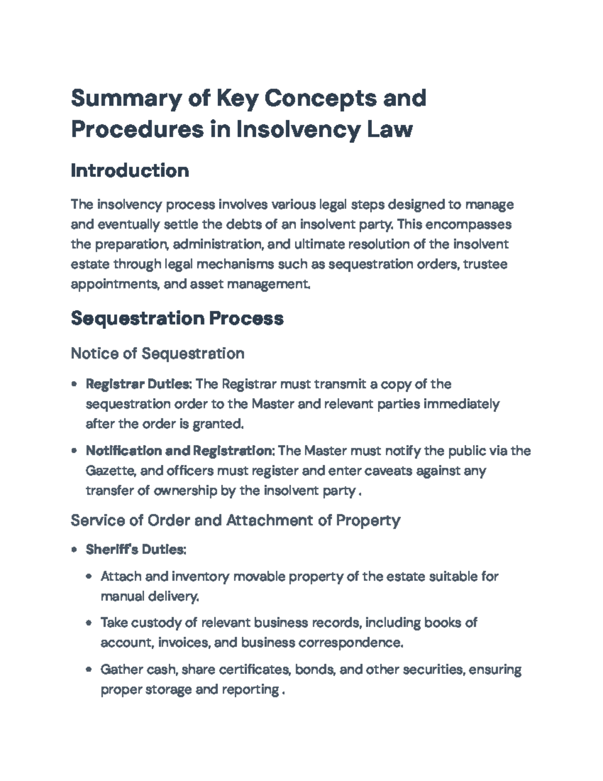 Summary of Insolvency Law Procedures and Key Concepts - Summary of Key ...