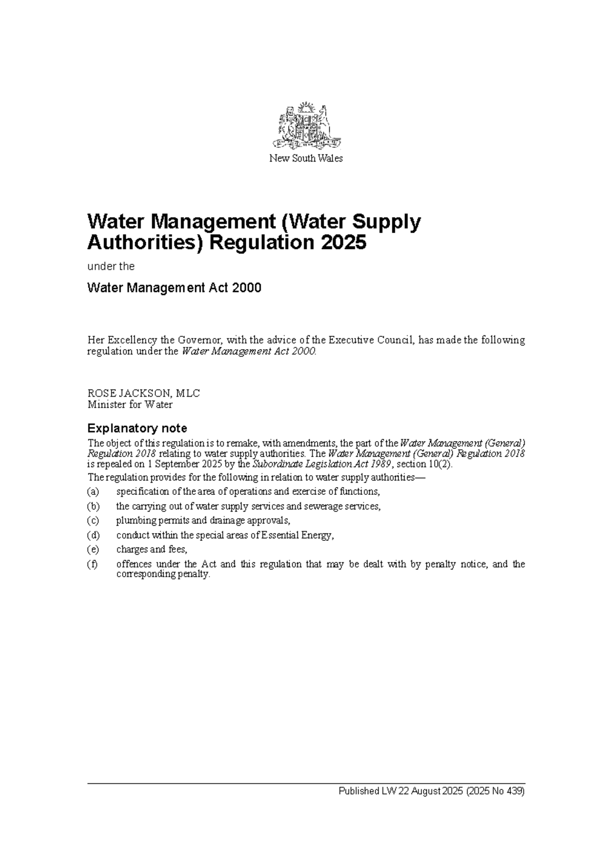 Water Management (Water Supply Authorities) Regulation 2025 Overview ...