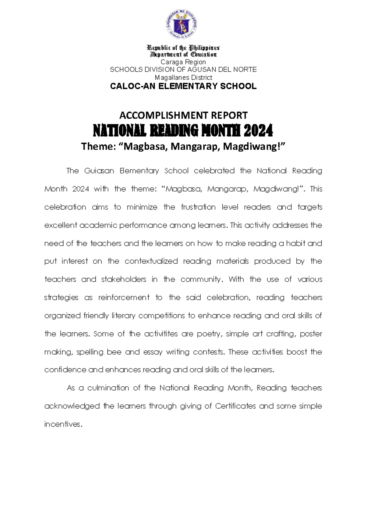 Guiasan ES Accomplishment Report: National Reading Month 2024 - Studocu