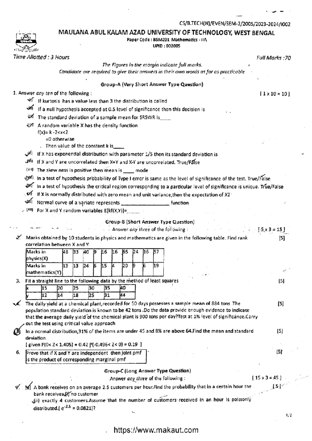 BTech 2nd Sem Mathematics IIA (BSM201) Exam Paper 2024 - Studocu