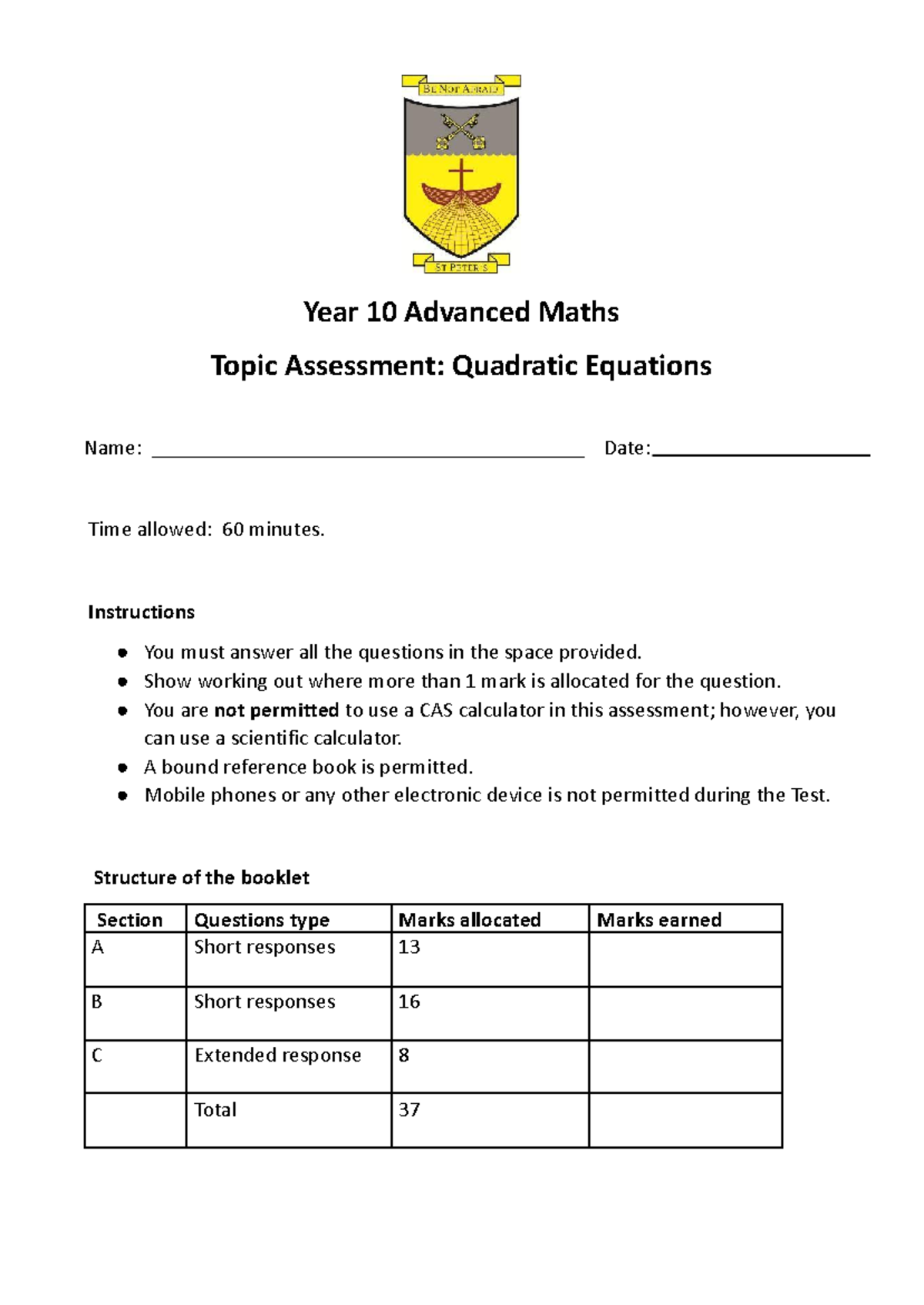 Year 10 Advanced Maths: Quadratic Equations Topic Test (1) - Studocu