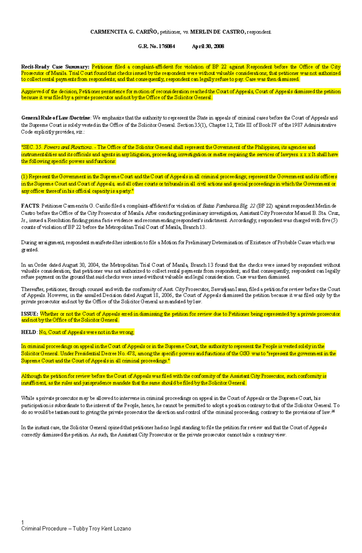 Case Summary: Carino vs. De Castro (G.R. No. 176084) - BP 22 Violation ...