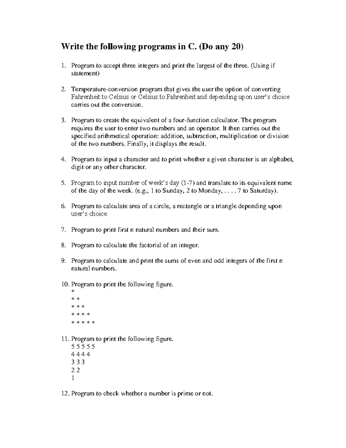 Bca 1st Sem Practical File Write The Following Programs In C Do Any 20 Program To Accept
