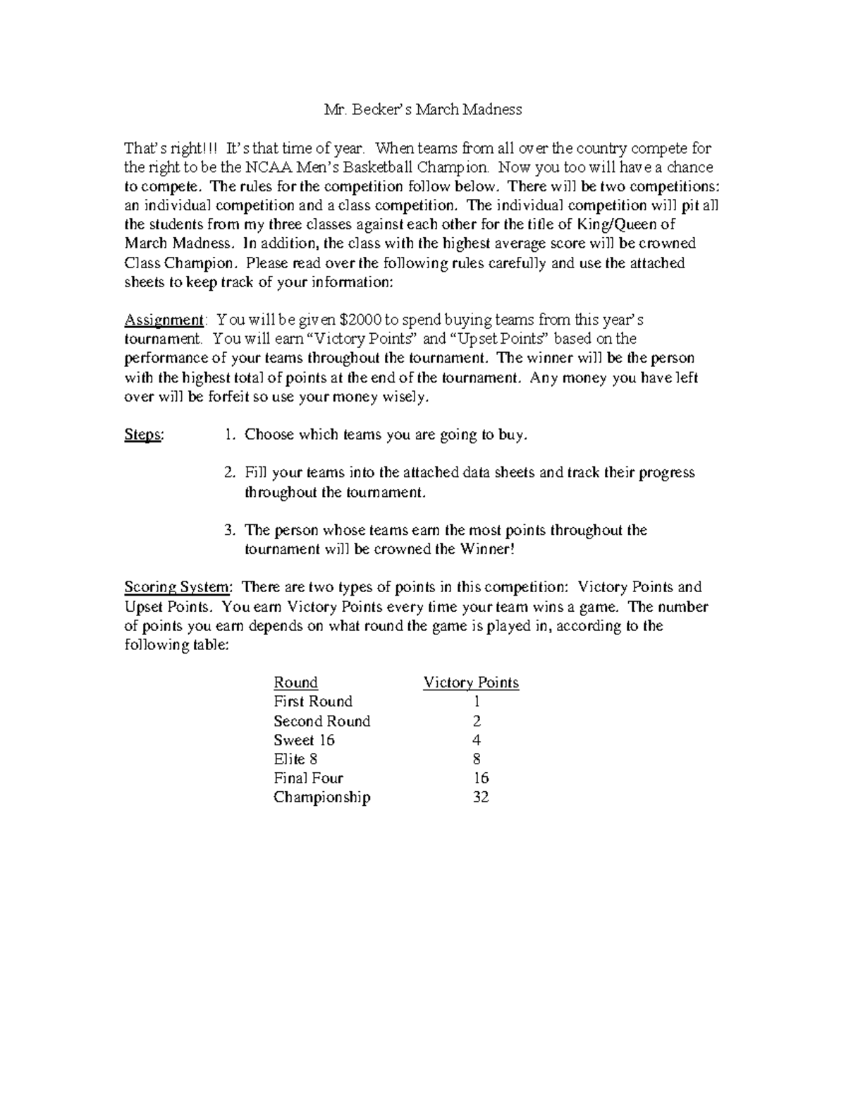 Mr. Becker's NCAA March Madness Competition Rules and Scoring - Studocu