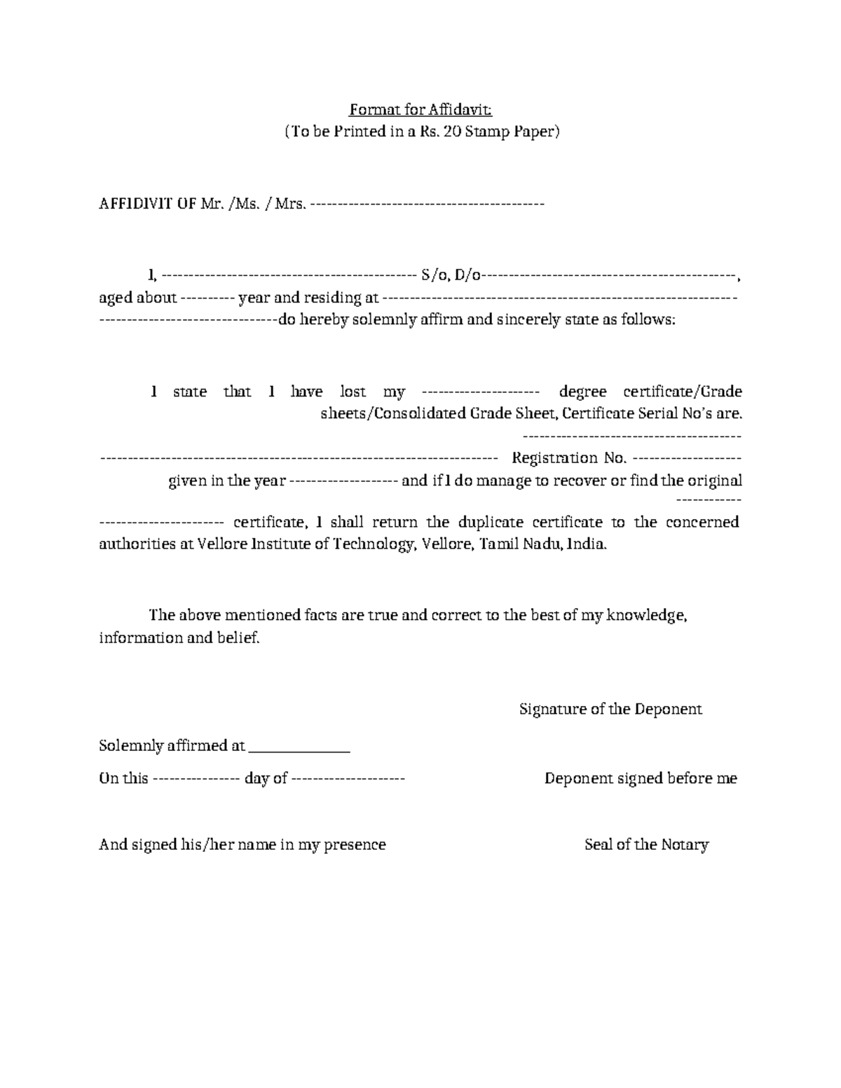 Format-for-affidavit - Format for Affidavit: (To be Printed in a Rs. 20 ...