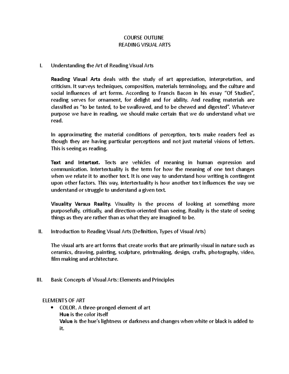 Course Outline: Reading Visual Arts (ART 201) Essentials - Studocu