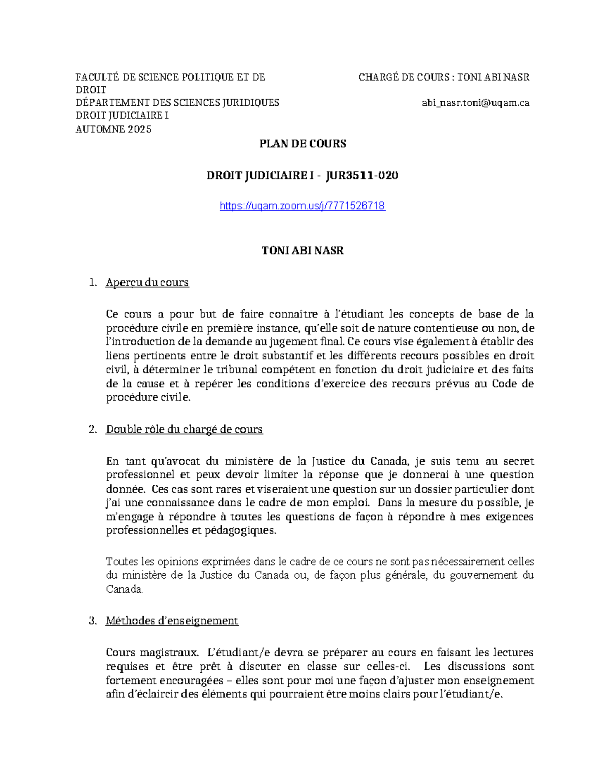 Plan de Cours - Droit Judiciaire I (JUR 101) Automne 2025 - Studocu