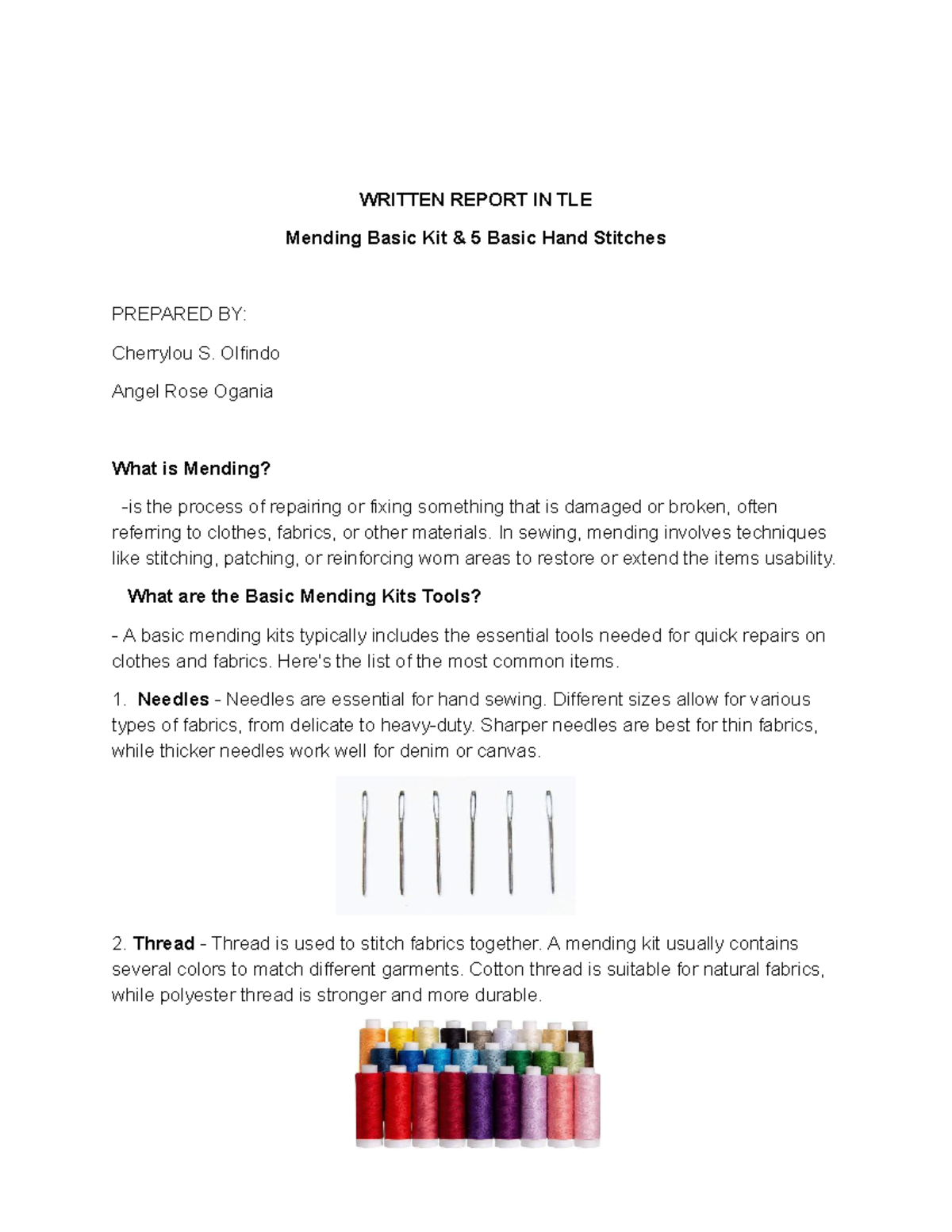 TLE- Written- Report - Sewing kite - WRITTEN REPORT IN TLE Mending ...