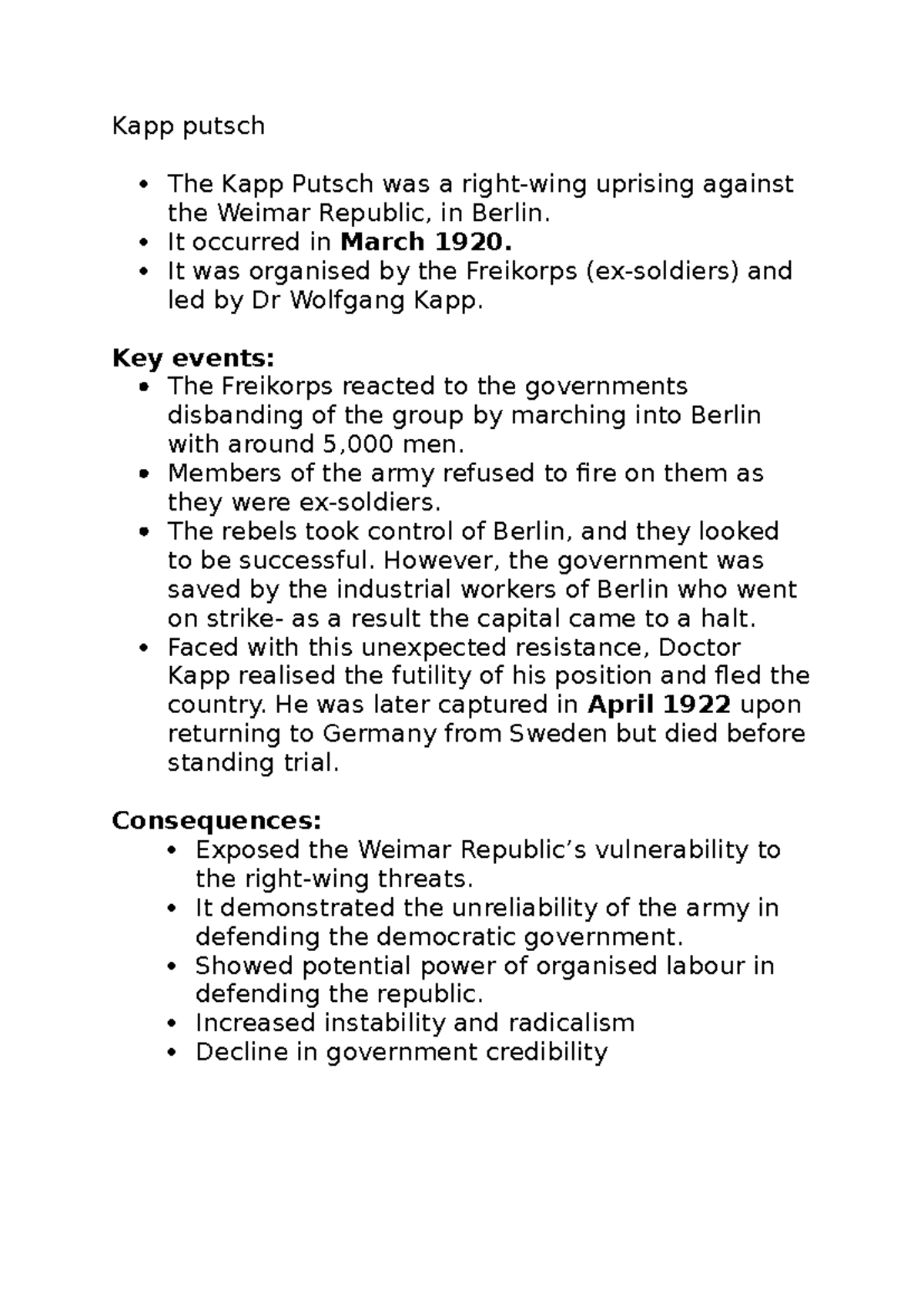 Kapp putsch notes - mmmmmm - Kapp putsch The Kapp Putsch was a right ...